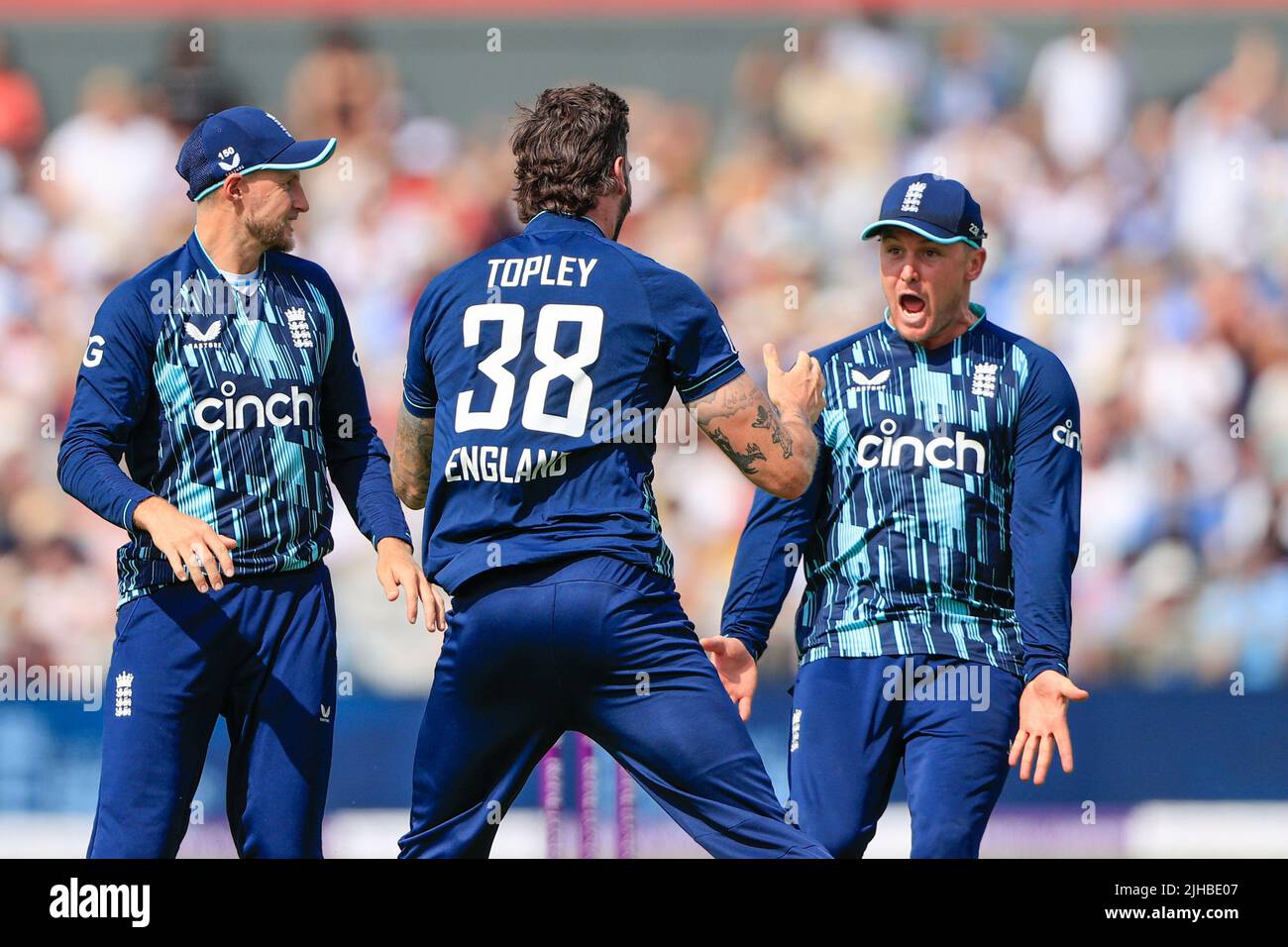Reece Topley of England celebrates with Jason Roy of England after ...