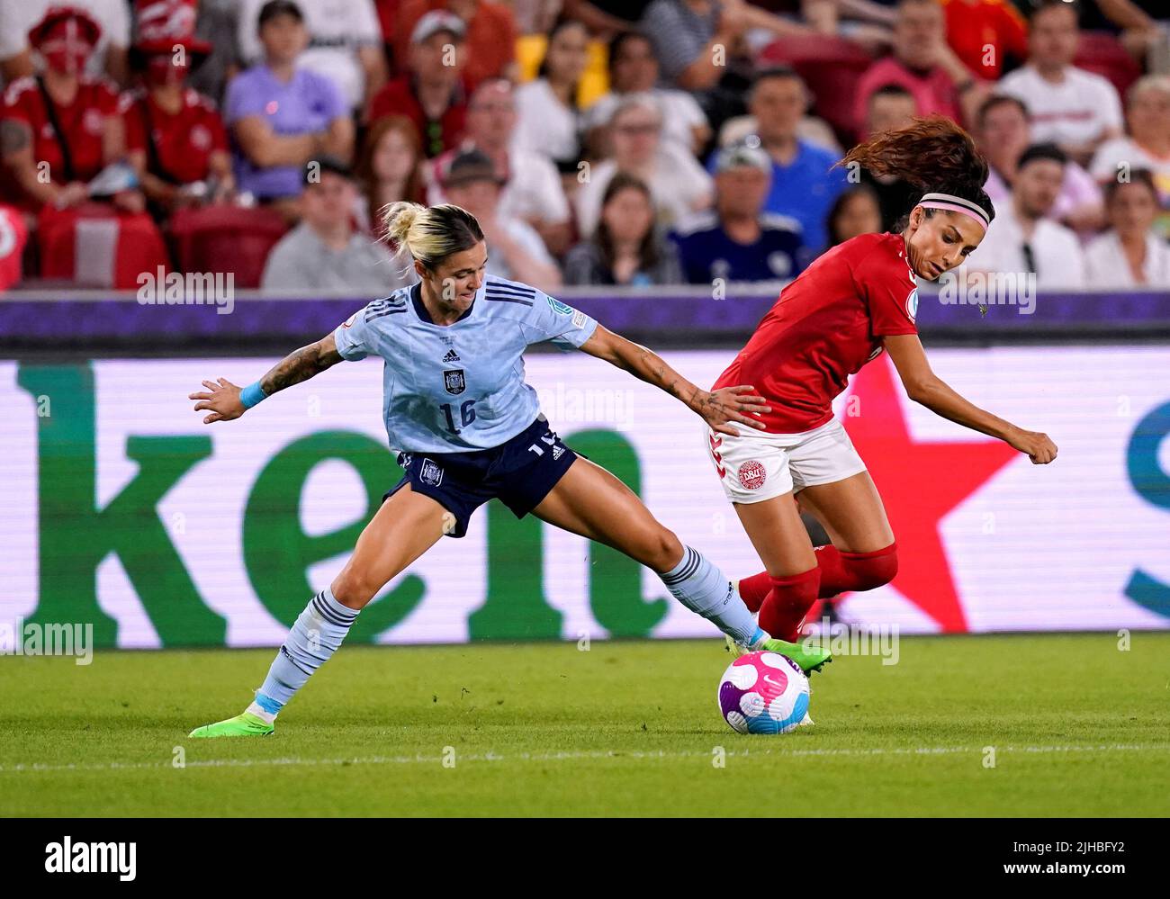 Spain's Mapi Leon (left) and Denmark's Nadia Nadim battle for the ball ...
