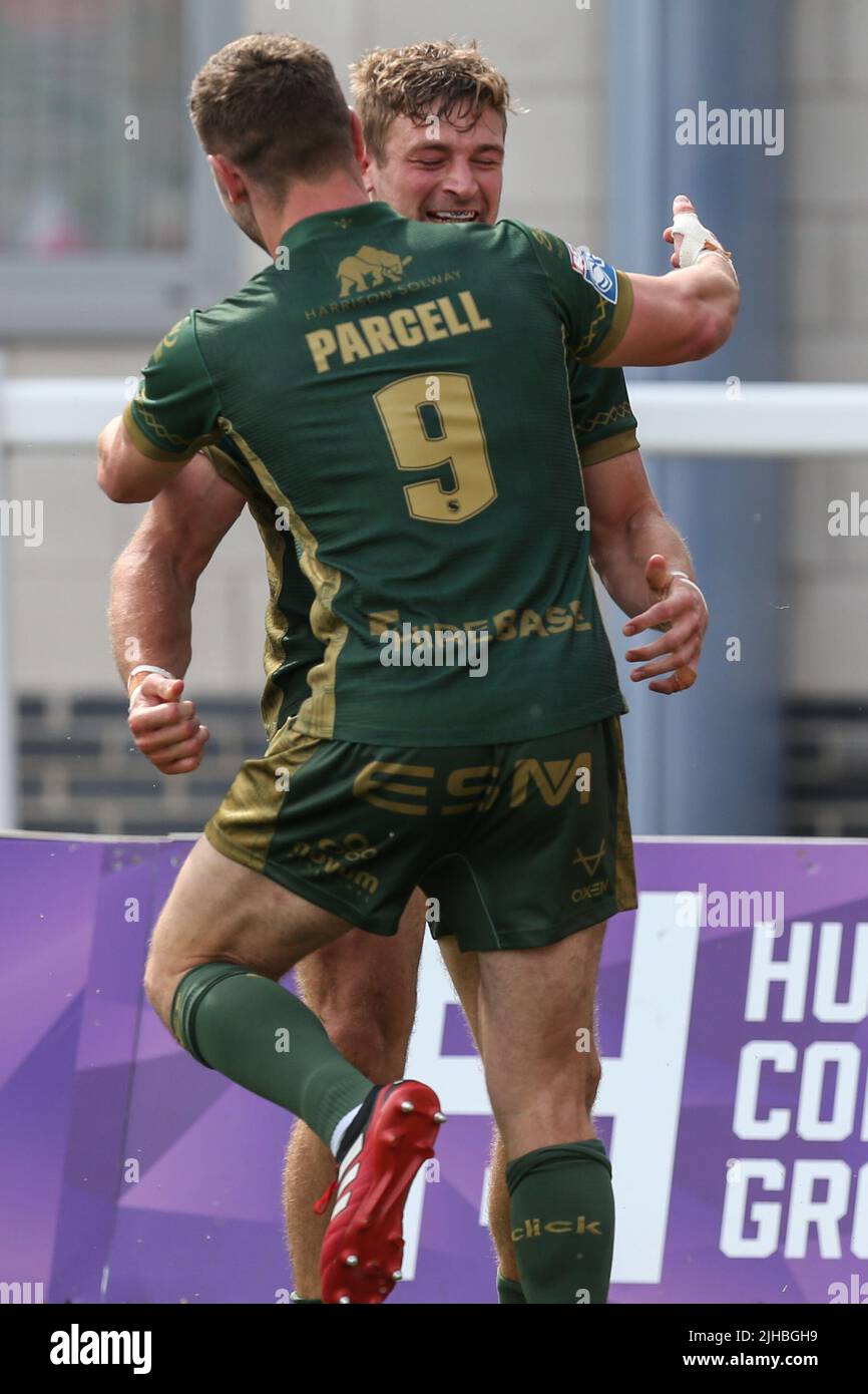 Jimmy Keinhorst #18 of Hull KR celebrates his try with Matt Parcell #9 ...