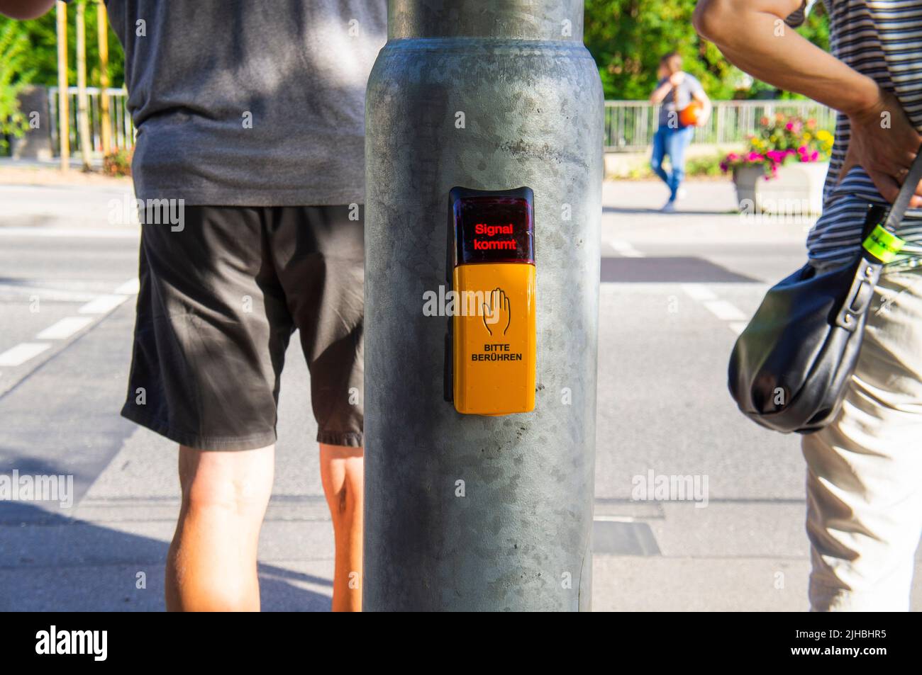 The pedestrian crossing, button, writing, notice Signal kommt in spa ...