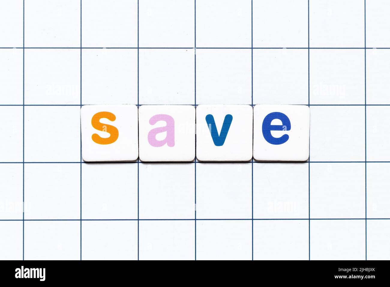 Colorful tile letter in word save on white grid background Stock Photo ...