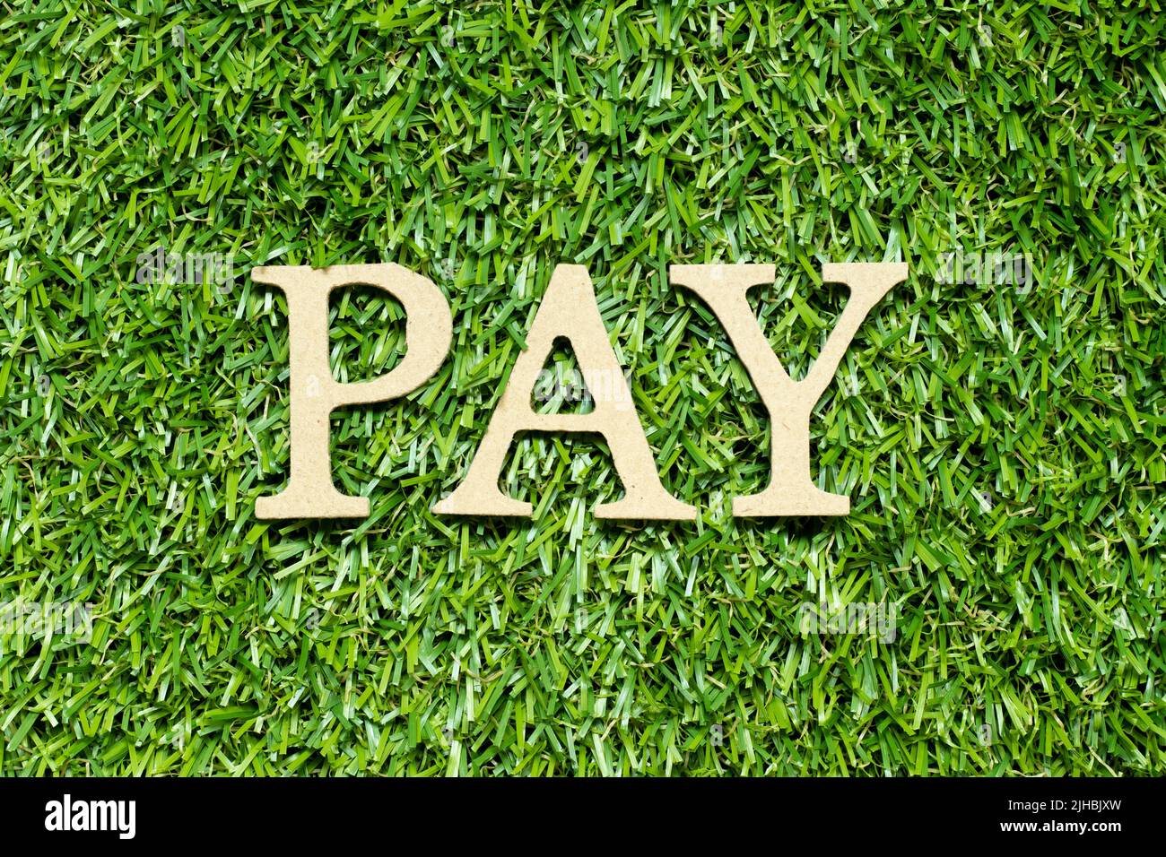 Wood alphabet letter in word pay on green grass background Stock Photo ...