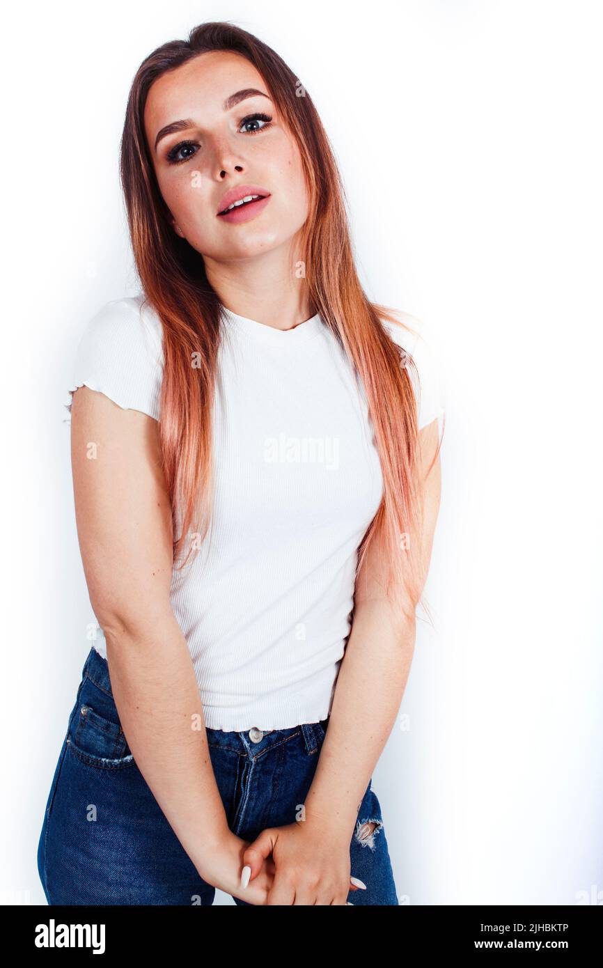 young pretty stylish blond girl posing emotional isolated on white ...