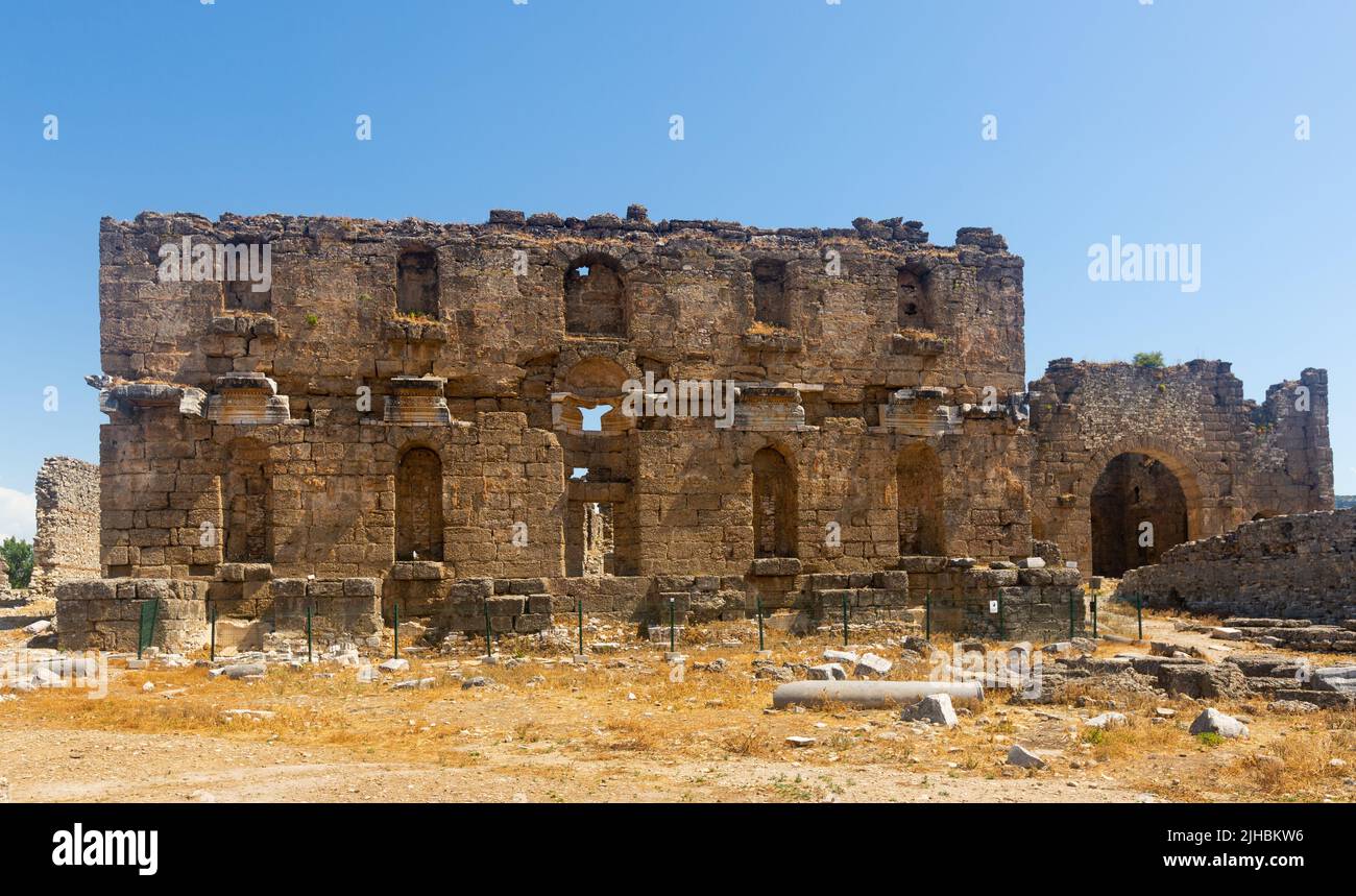 Partially reconstructed facade of Nymphaeum of Aspendos, Turkey Stock ...