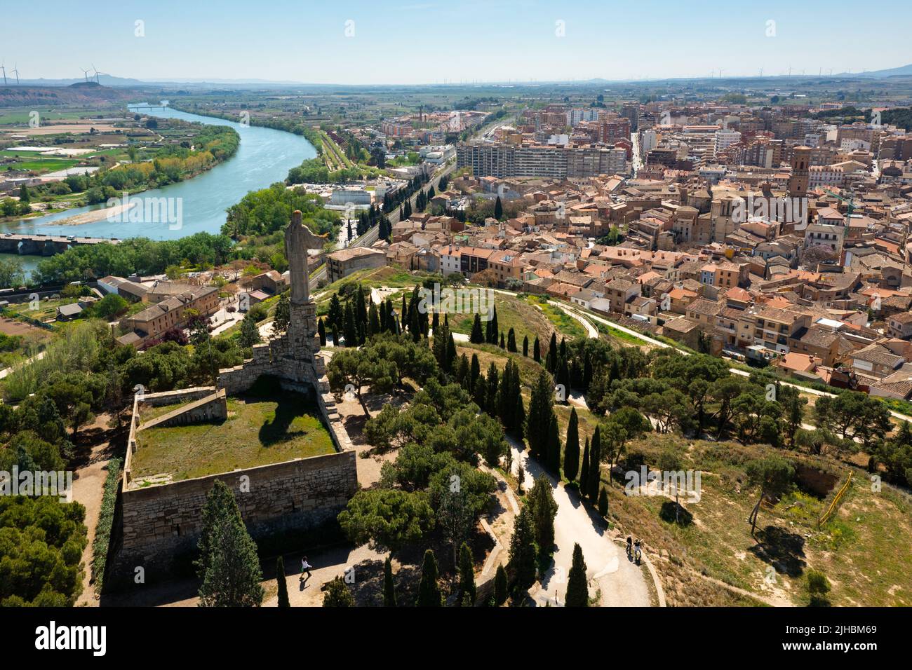 Aerial view of Tudela cityscape with Monument to Sacred Heart of Jesus ...