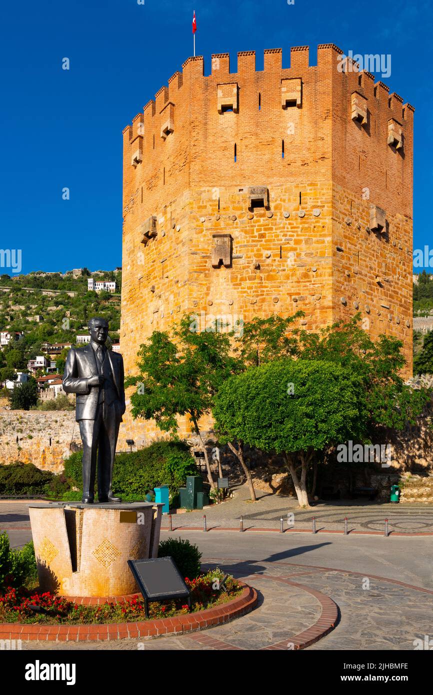 Red Tower and the fortification wall of a medieval castle in Turkish ...