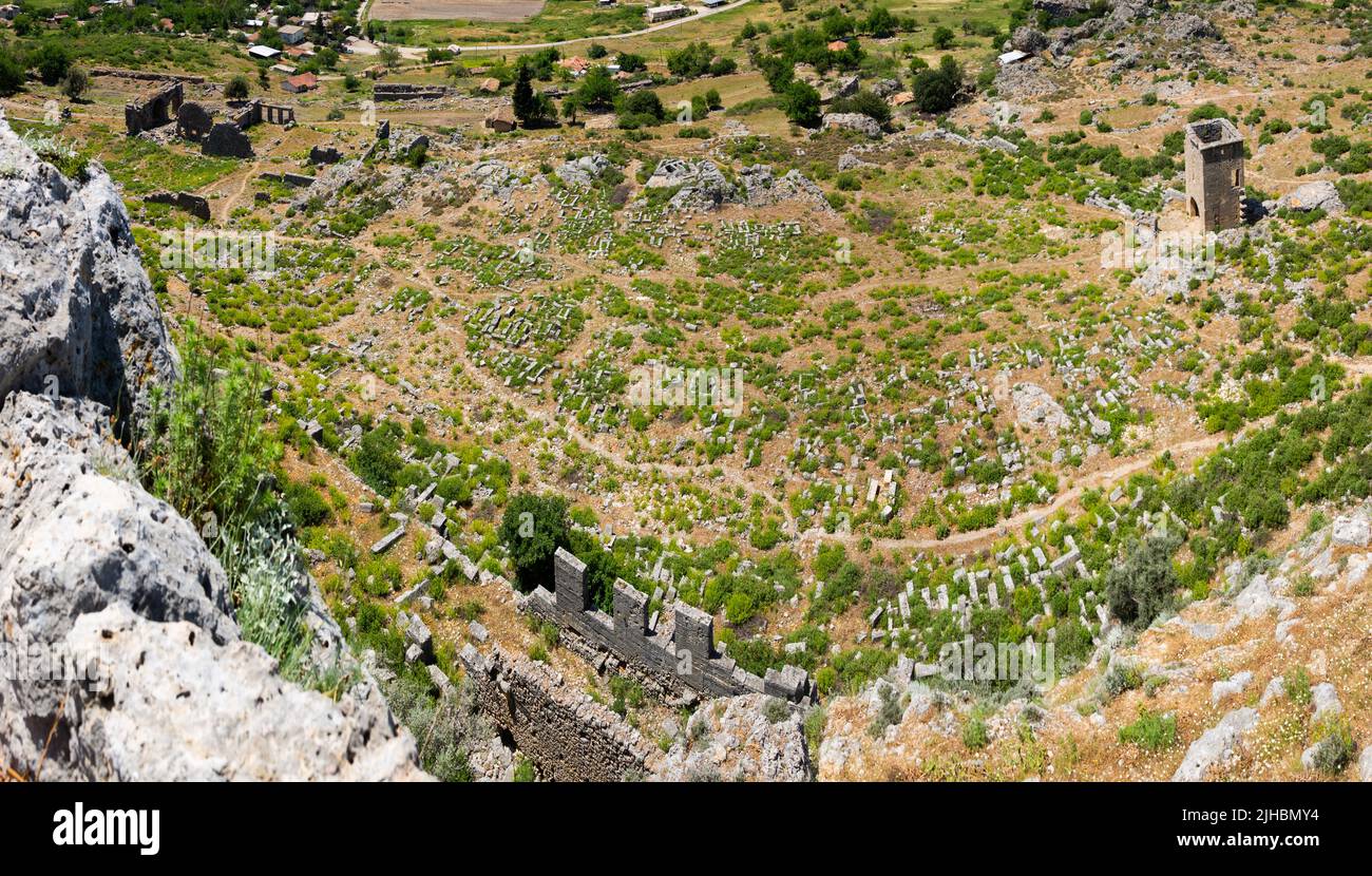 Stone remains of ancient city and hilltop fortress of Sillyon, Turkey ...