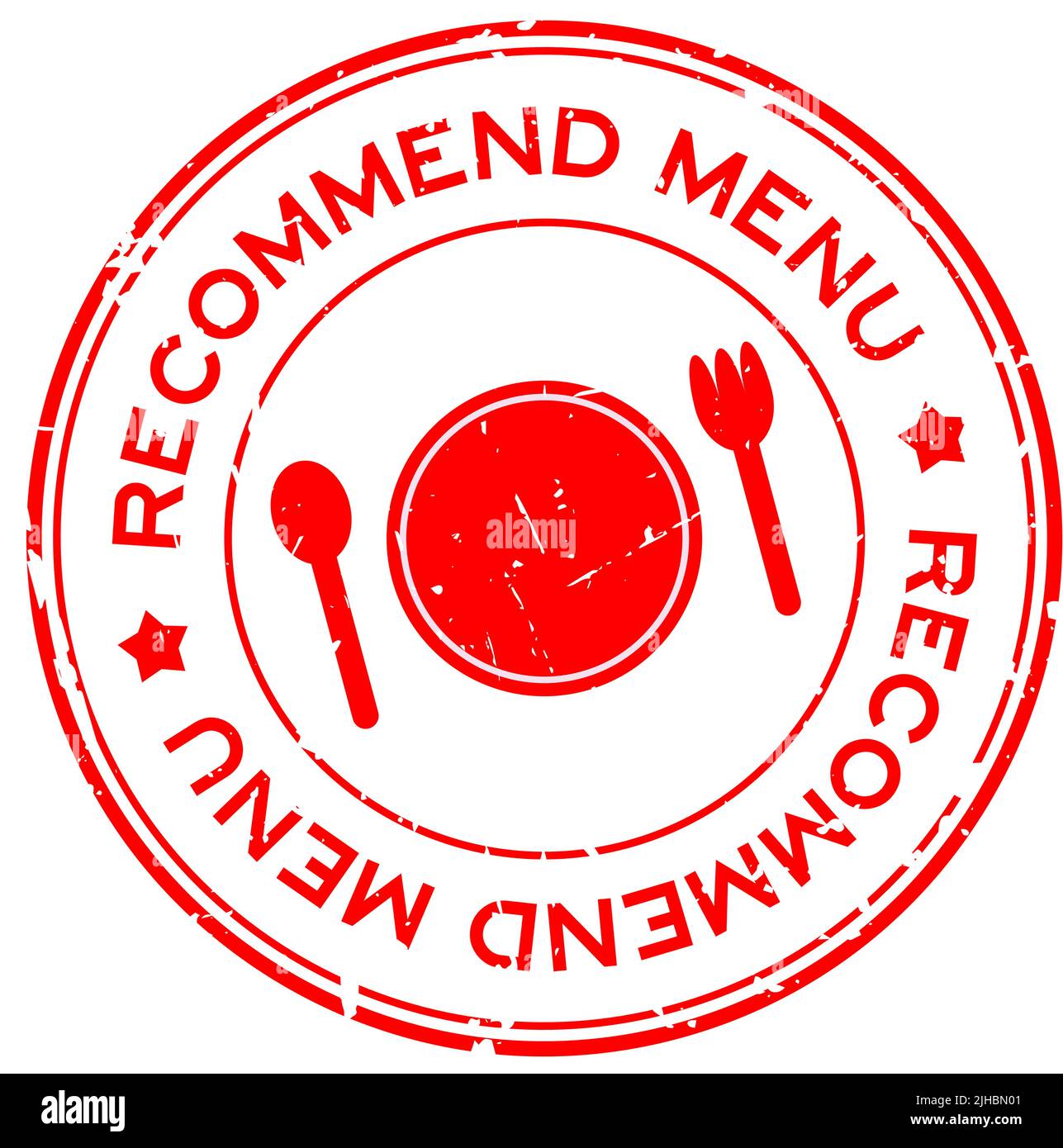 Grunge red recommended menu word with dish, spoon and fork icon rubber ...