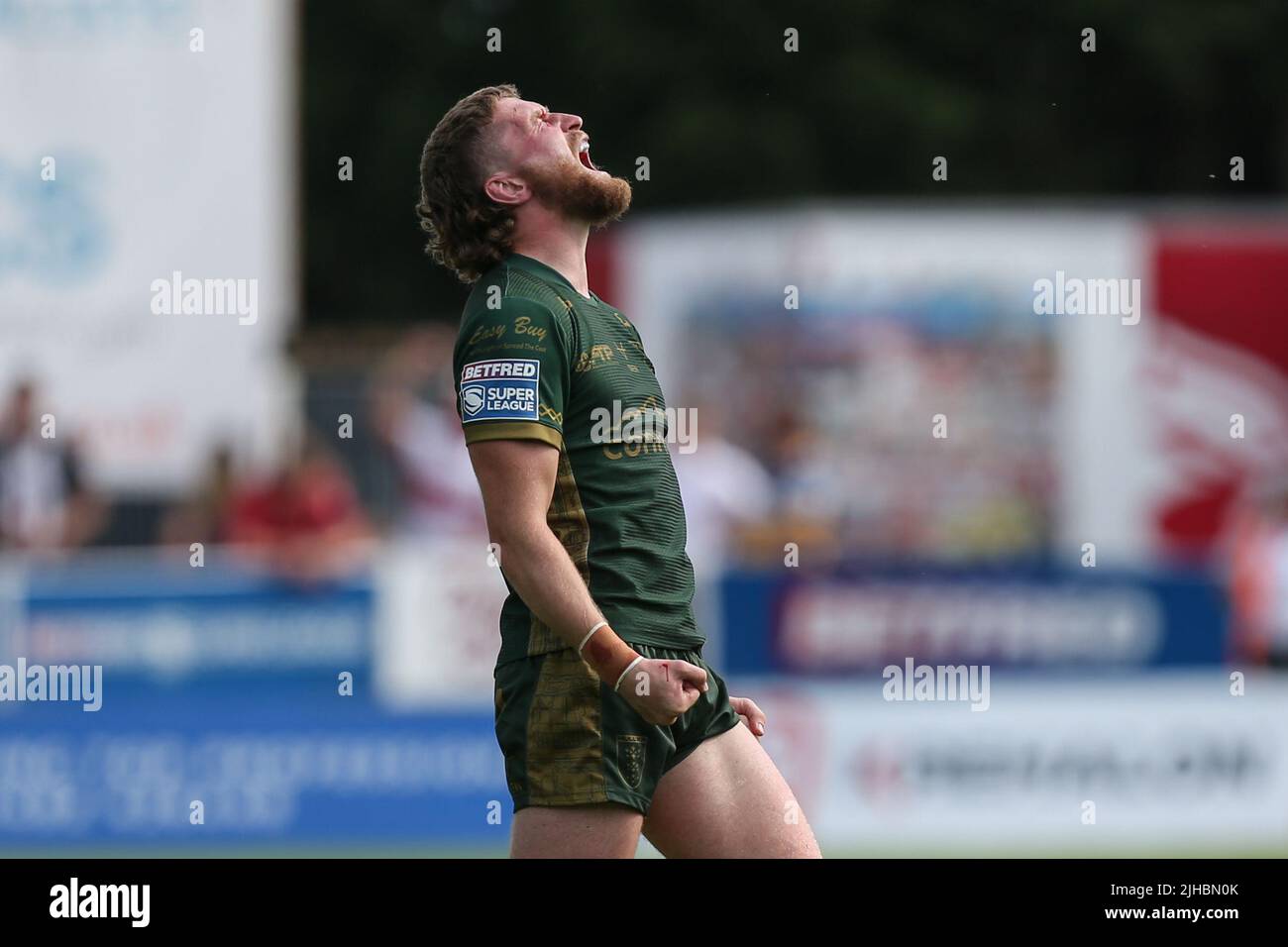 Ethan Ryan #23 of Hull KR shows his emotions after the final whistle ...
