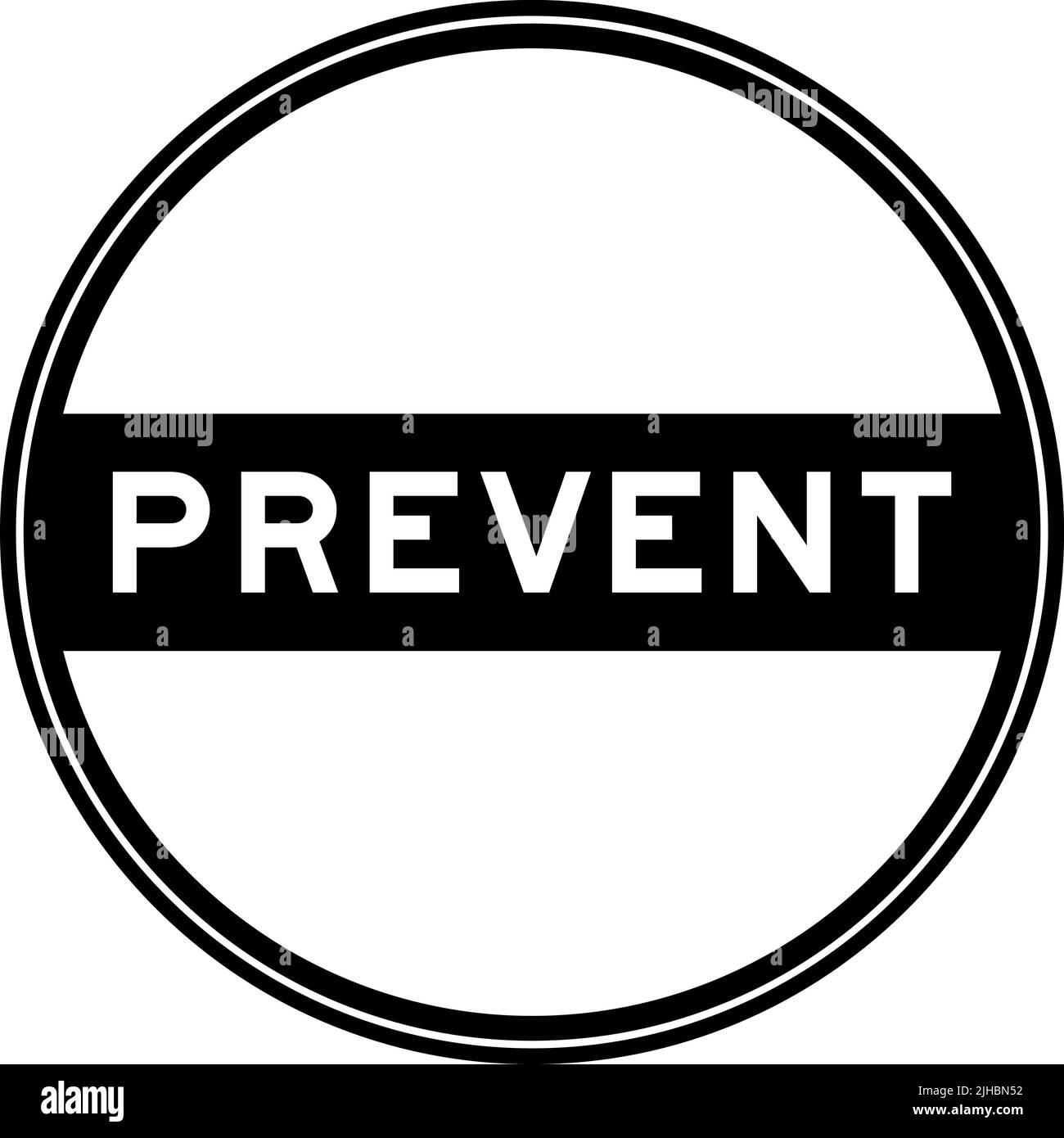 Black color round seal sticker in word prevent on white background ...