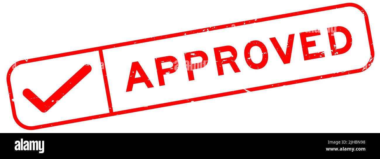 Grunge red approved word with right check mark icon square rubber seal ...