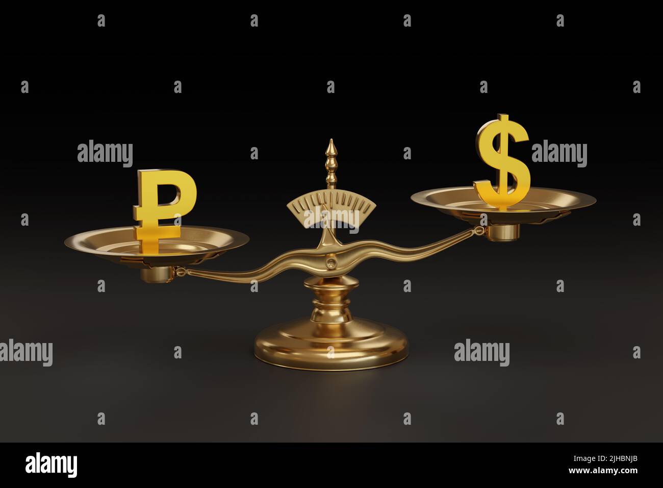 Balance scales with ruble and dollar signs on their plates. 3d ...