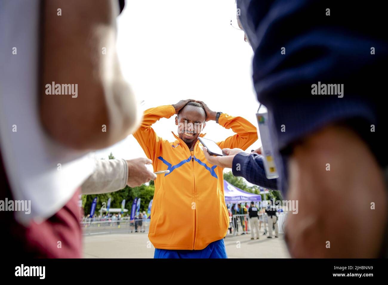 EUGENE - Dutch athlete Abdi Nageeye talks to the press after getting ...