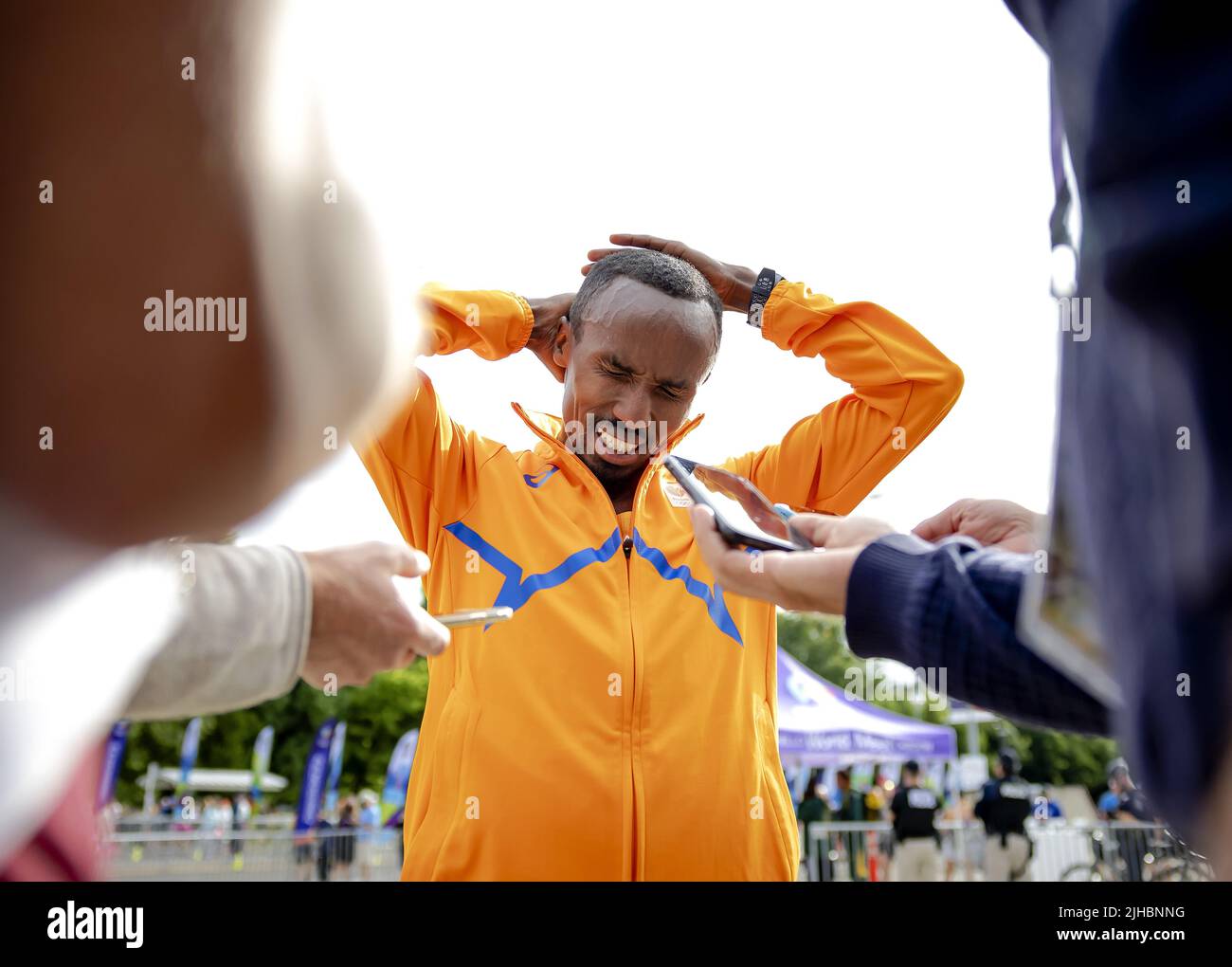 EUGENE - Dutch athlete Abdi Nageeye talks to the press after getting ...
