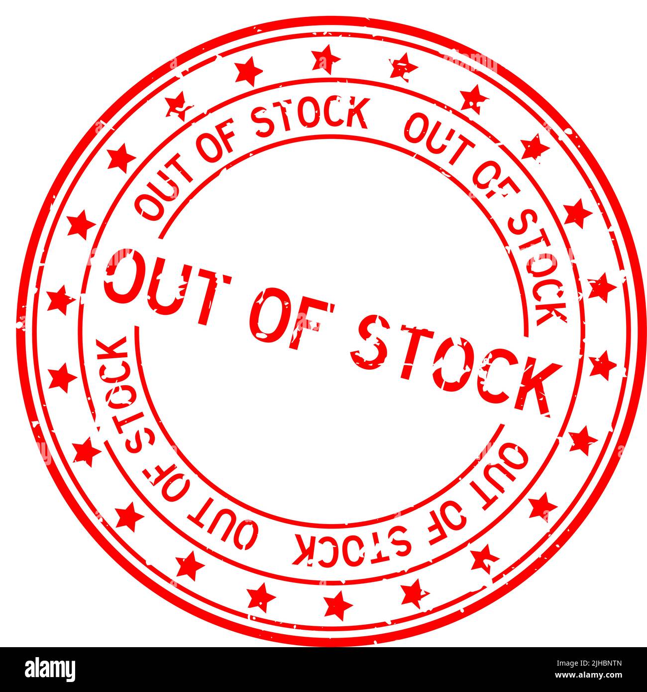 Grunge red out of stock word with star icon round rubber seal stamp on ...