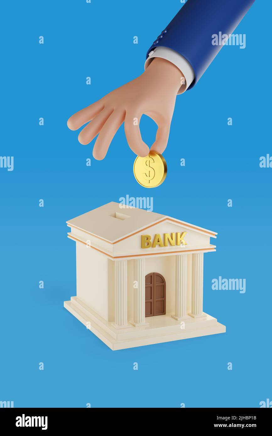 Cartoon hand putting a coin in a moneybox shaped like a bank building ...