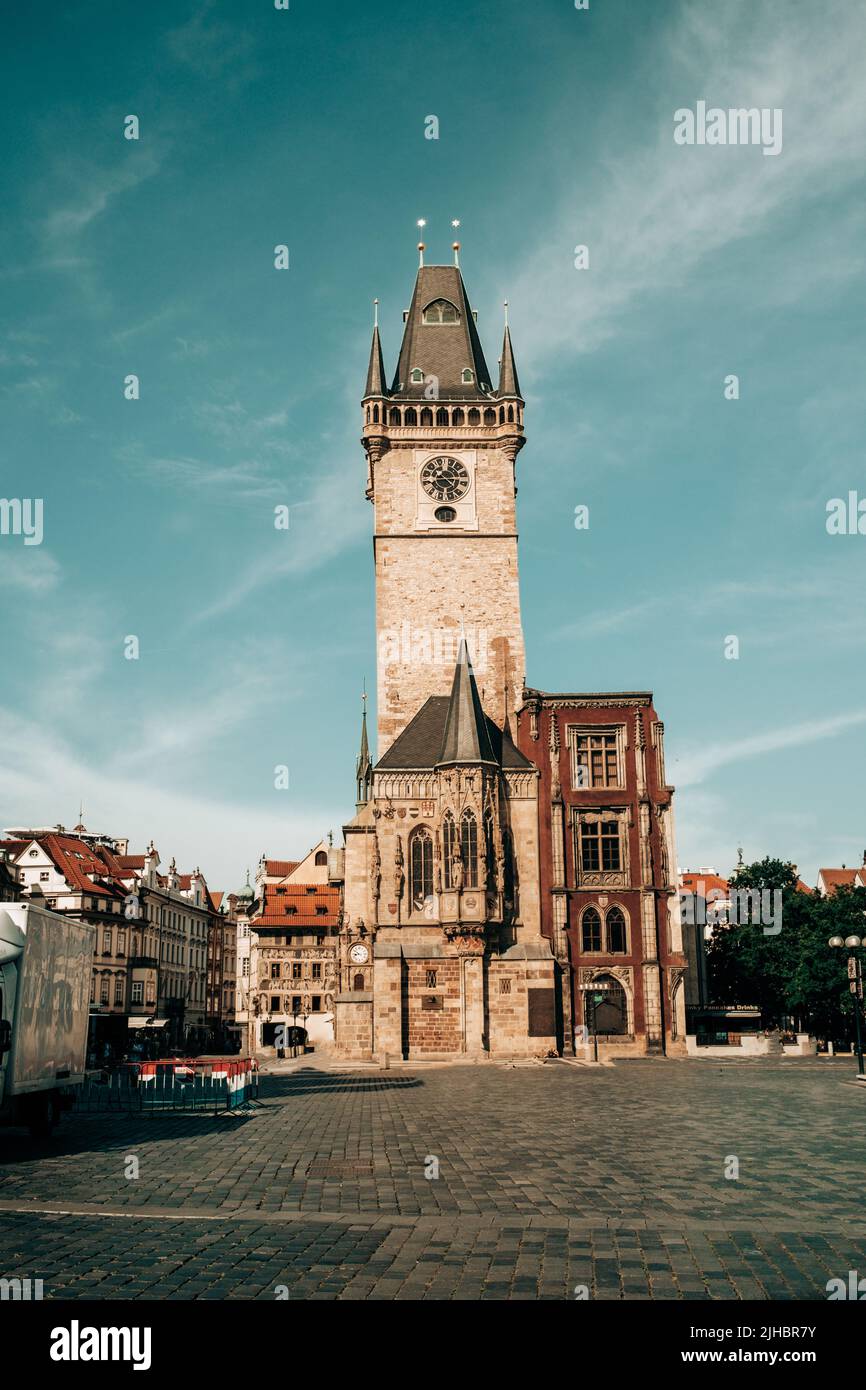 Old Prague town square with astronomical chimes. Famous historical ...