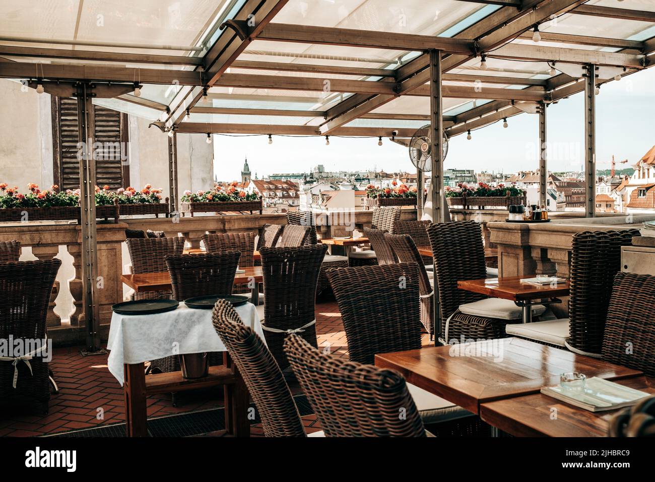 Beautiful terrace of restaurant in old european city on roof of ...
