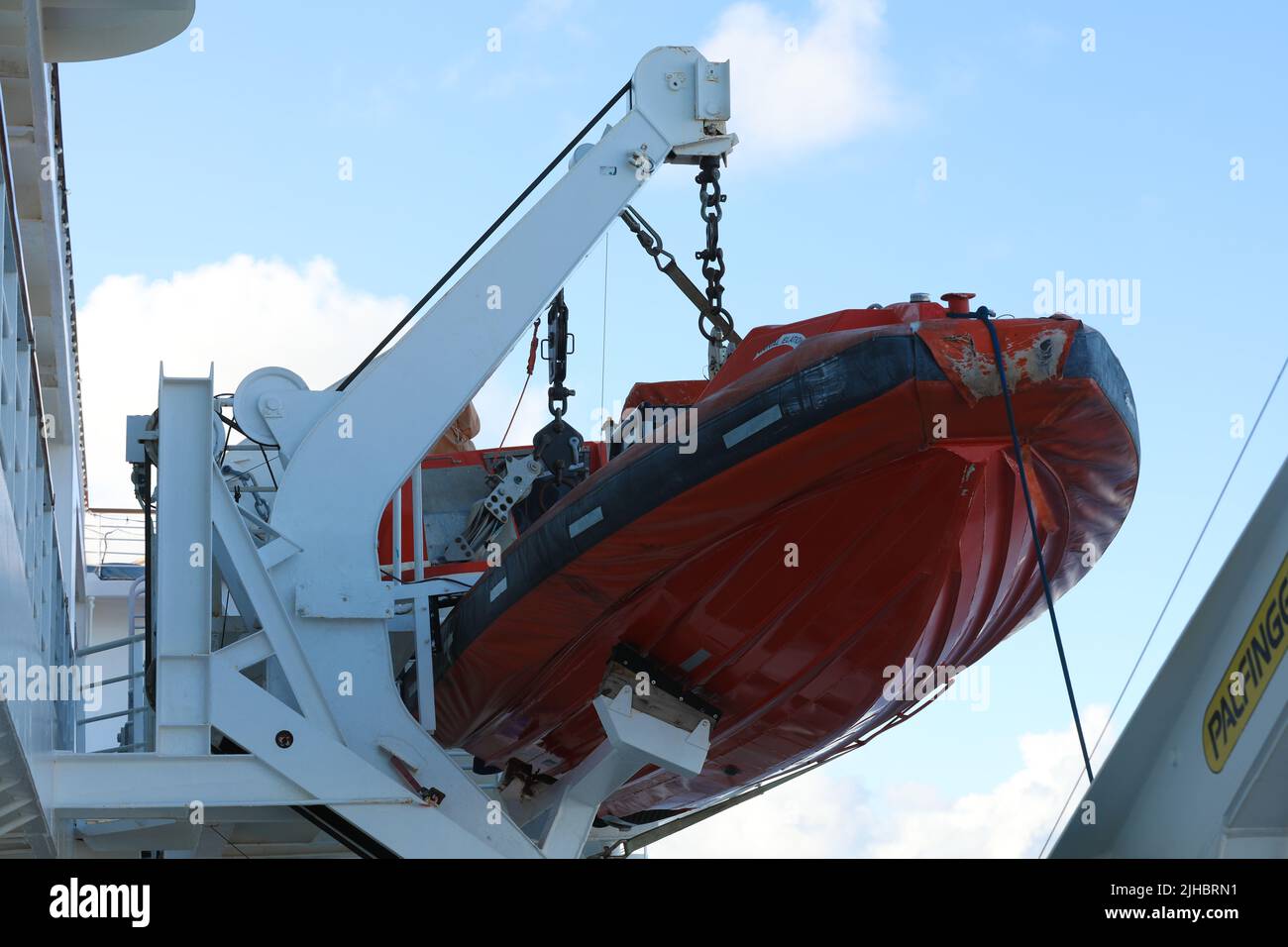 Rescue boat on a deck of the cruise ship for emergency evacuation Stock ...