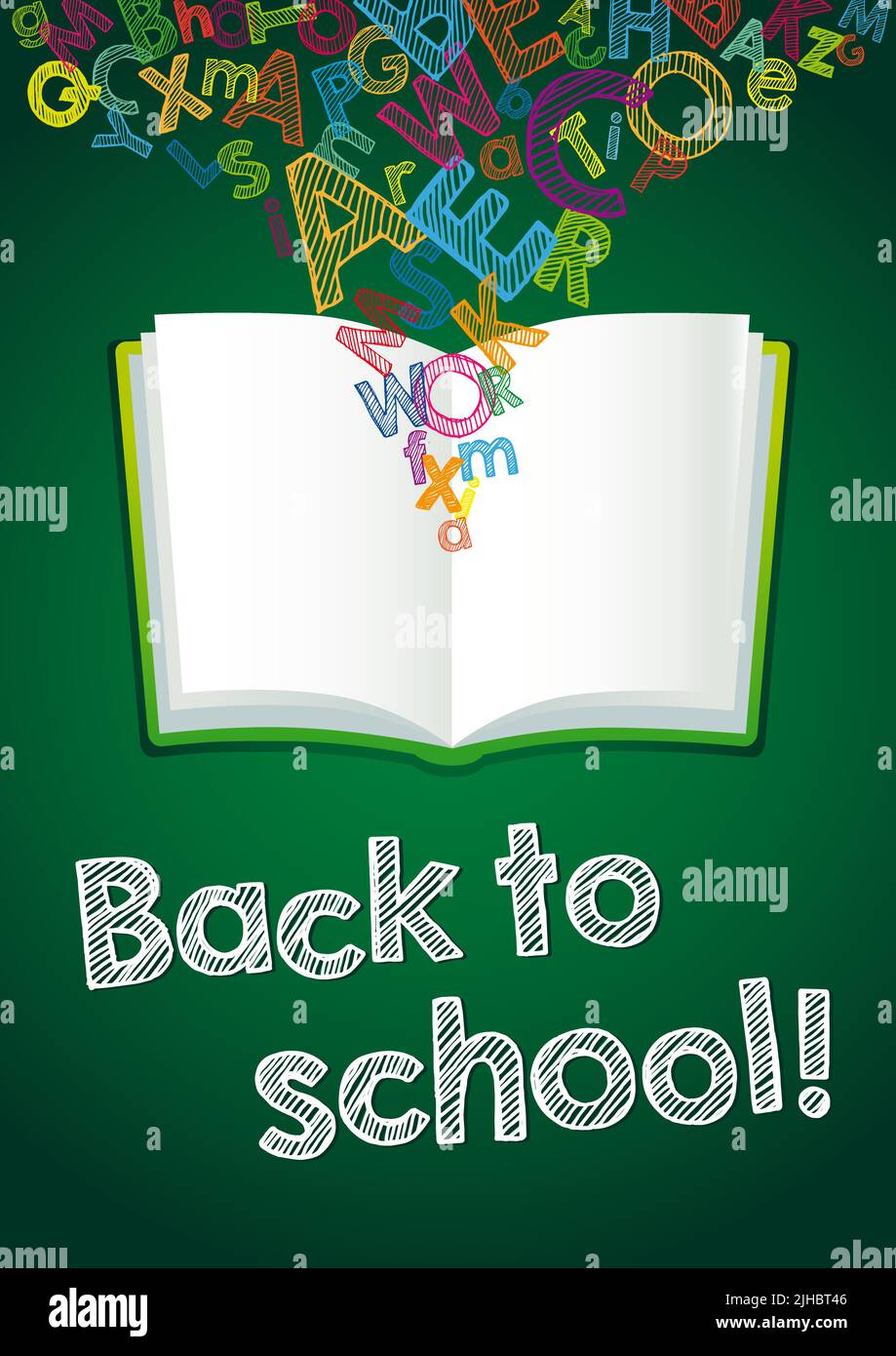 Back to School book banner. Open book with flying ABC letters, creative ...