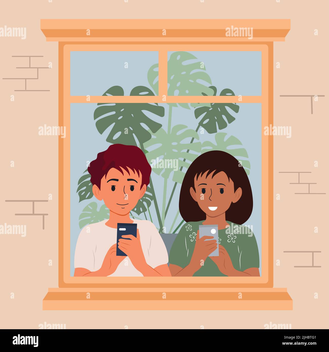 A boy and a girl with phones look out the window. Vector flat ...