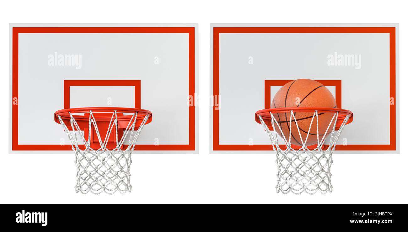 Baketball hoop on backboard and ball isolated on white. 3d illustration ...