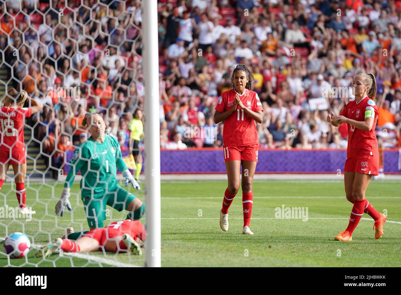Switzerland players react after Ana-Maria Crnogorcevic scores an own ...