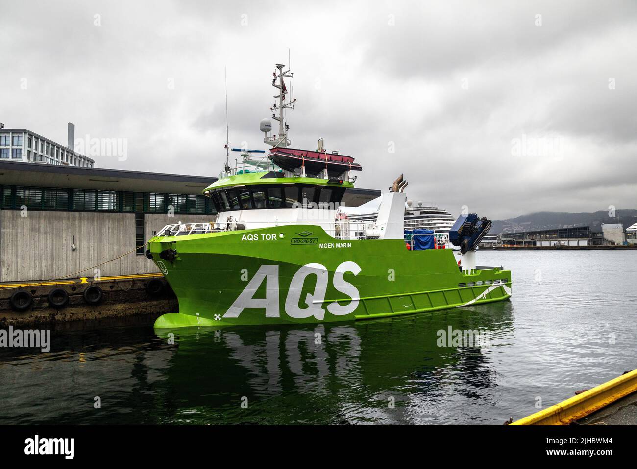 Service vessel for fish farming, aqua service, AQS Tor at quay, in the ...
