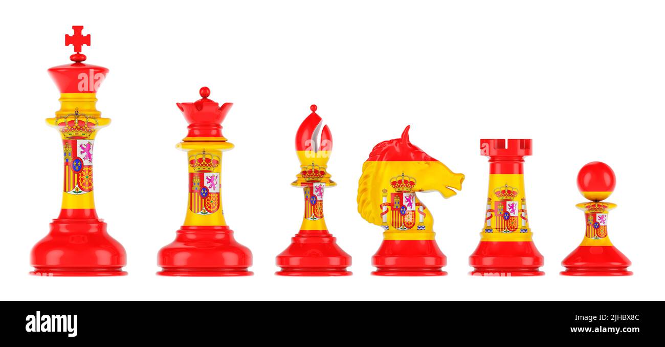 Chess figures with Spanish flag, 3D rendering isolated on white ...