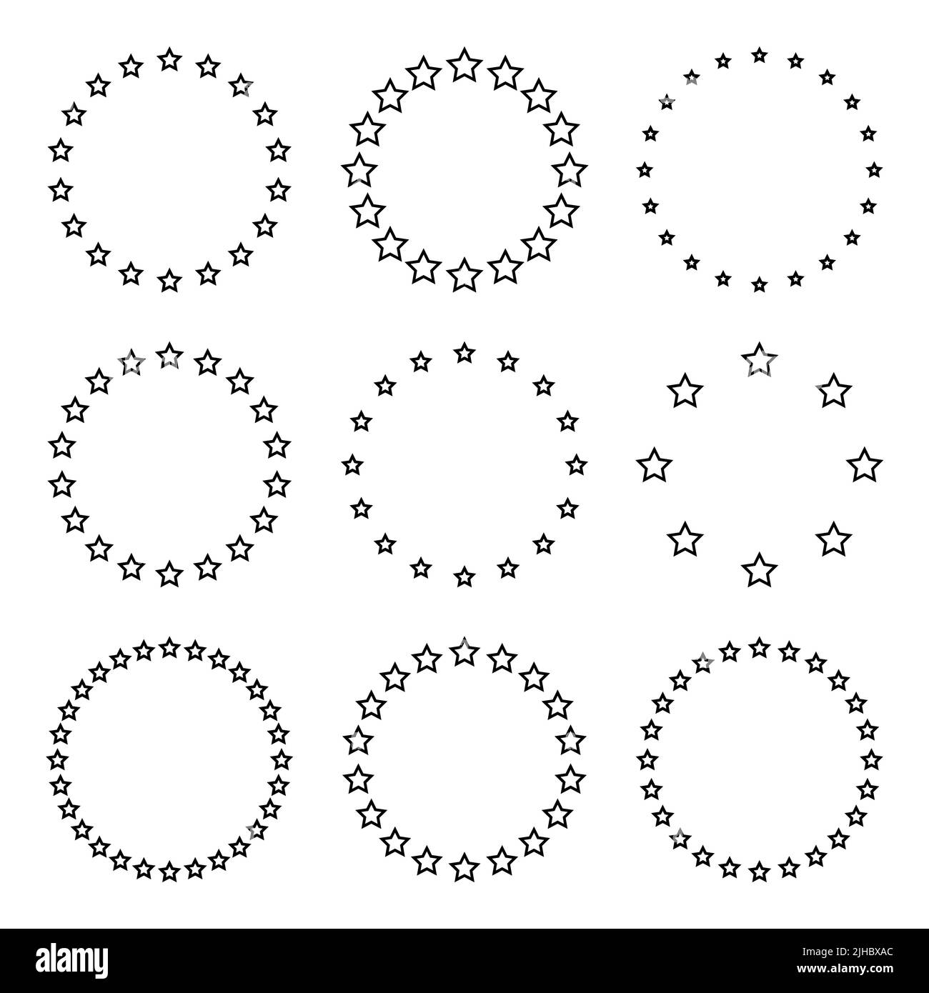 Stars of various sizes arranged in a circle. Round frame, border. Black ...