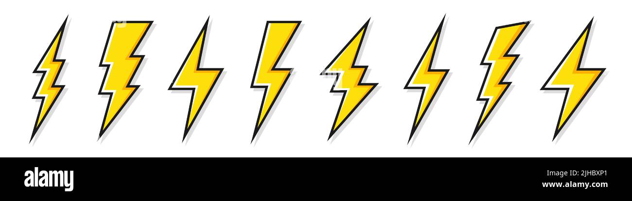 Yellow lightning bolt icons collection. Flash symbol, thunderbolt. Simple lightning strike sign ...