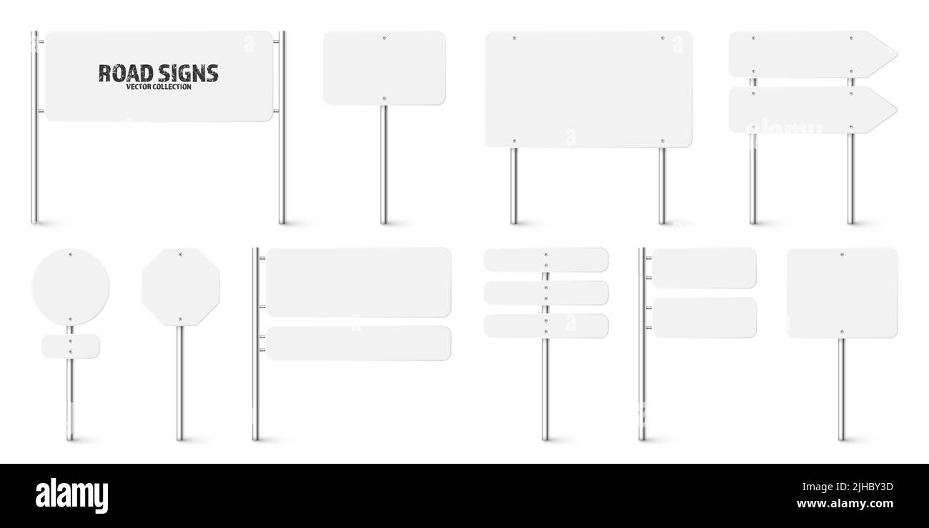 Various road, traffic signs. Highway signboard on a chrome metal pole ...