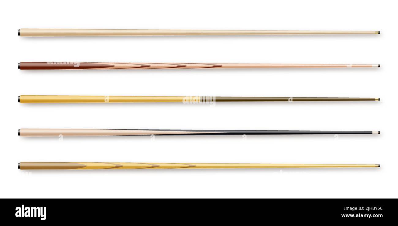 Various wooden billiard cues isolated on white background. Snooker sports equipment. Vintage ...