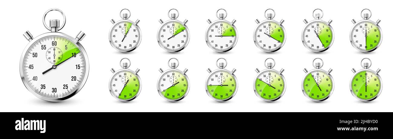 Realistic classic stopwatch icons. Shiny metal chronometer time counter ...