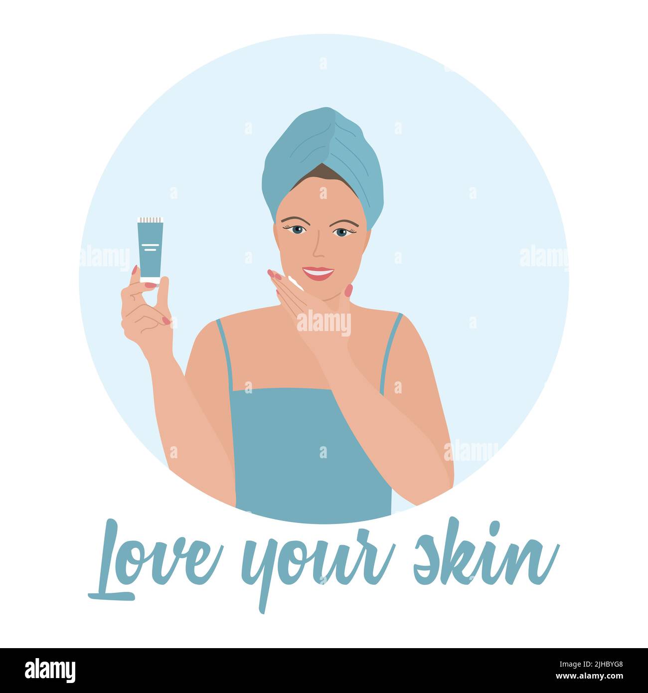 Vector illustration Woman applying moisturizing cream on face. Girl ...