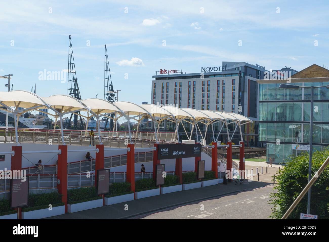 Walkway leading down from the ExCel Centre, Docklands, London, UK Stock ...