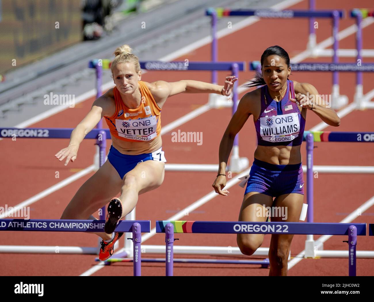 EUGENE - Anouk Vetter in action during the women's 100m heptathlon ...