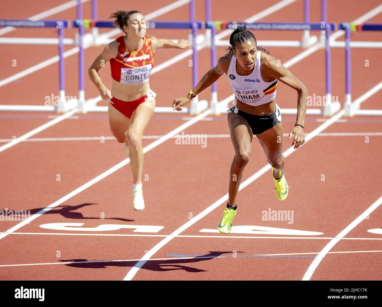 EUGENE - Nafissatou Thiam in action during the women's 100m heptathlon ...