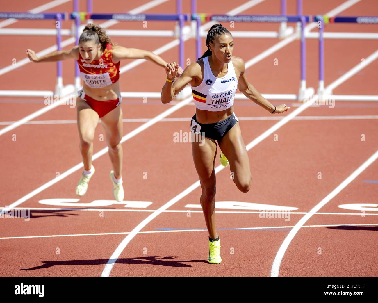 EUGENE - Nafissatou Thiam in action during the women's 100m heptathlon ...