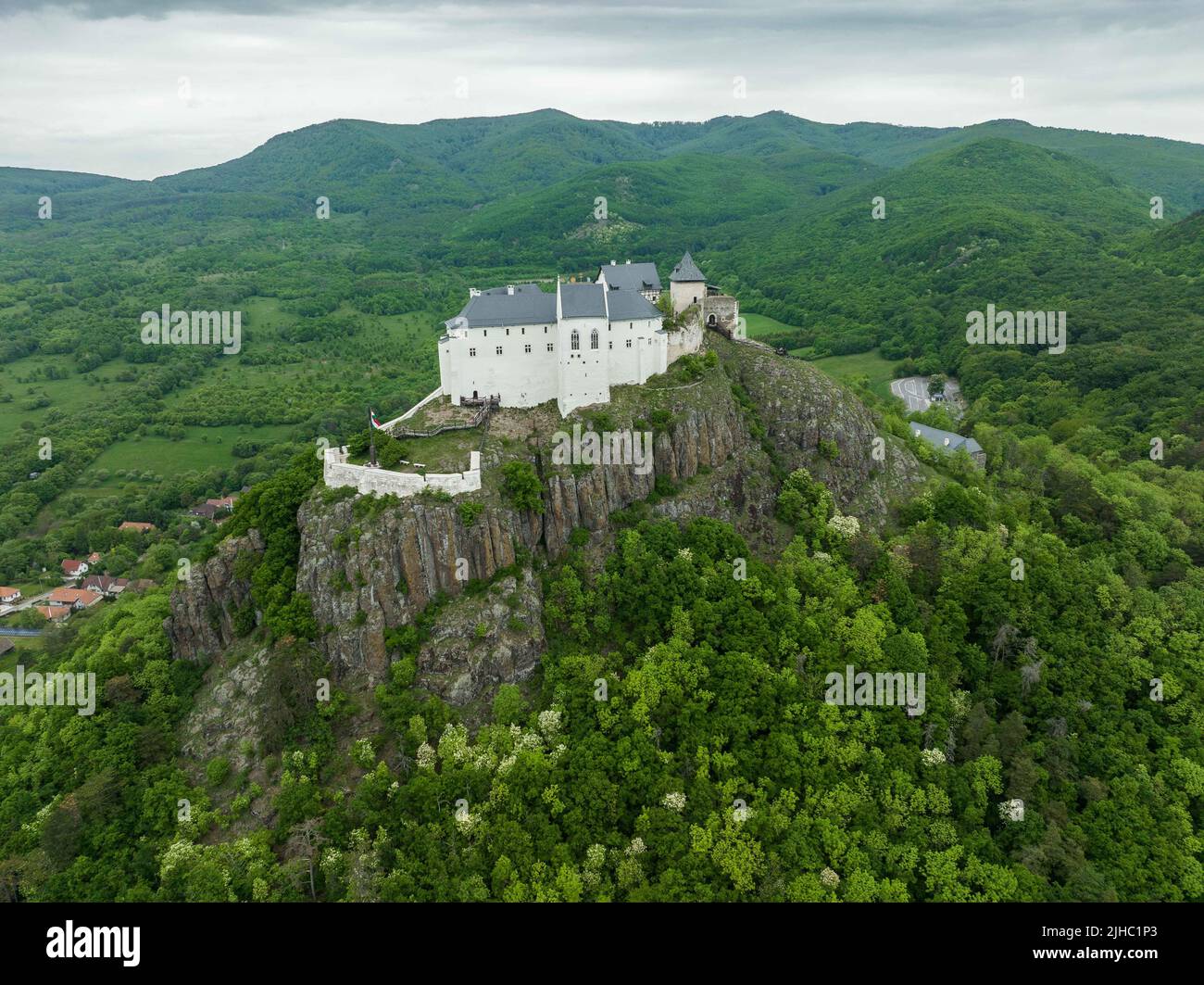 Aerial View Of A Medieval Castle On A Hilltop In Fuzer, Hungary Stock ...