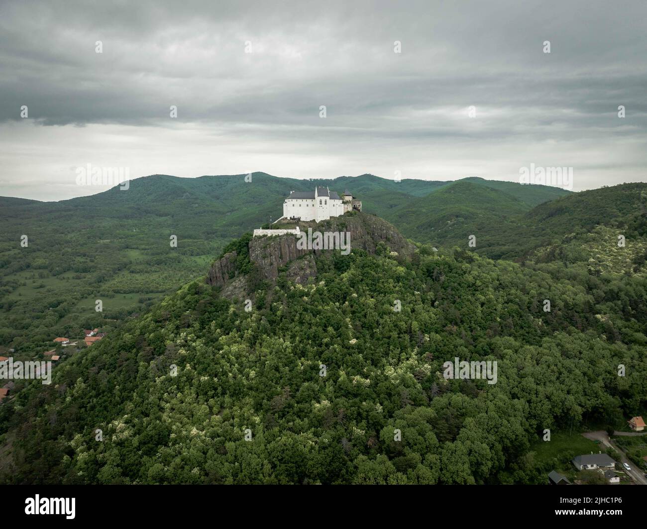 Aerial View Of A Medieval Castle On A Hilltop In Fuzer, Hungary Stock ...
