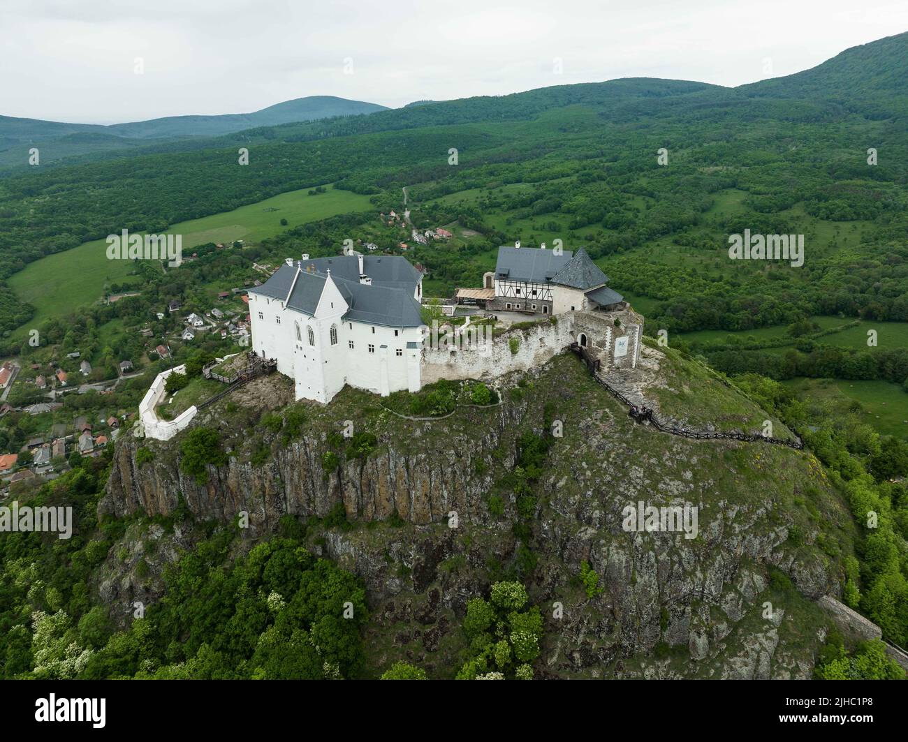 Aerial View Of A Medieval Castle On A Hilltop In Fuzer, Hungary Stock ...