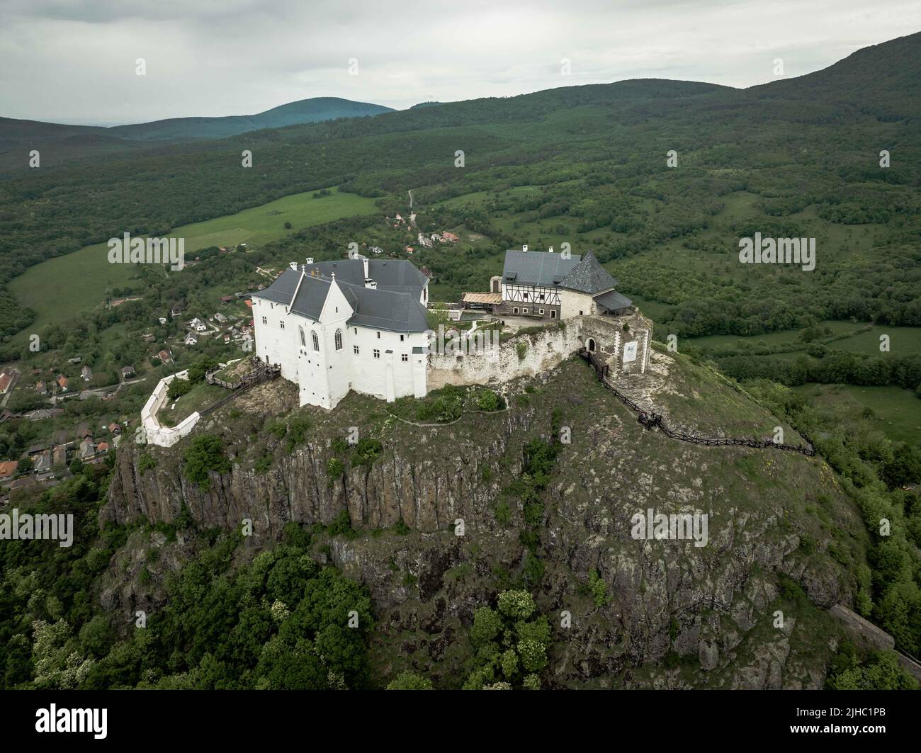 Aerial View Of A Medieval Castle On A Hilltop In Fuzer, Hungary Stock ...