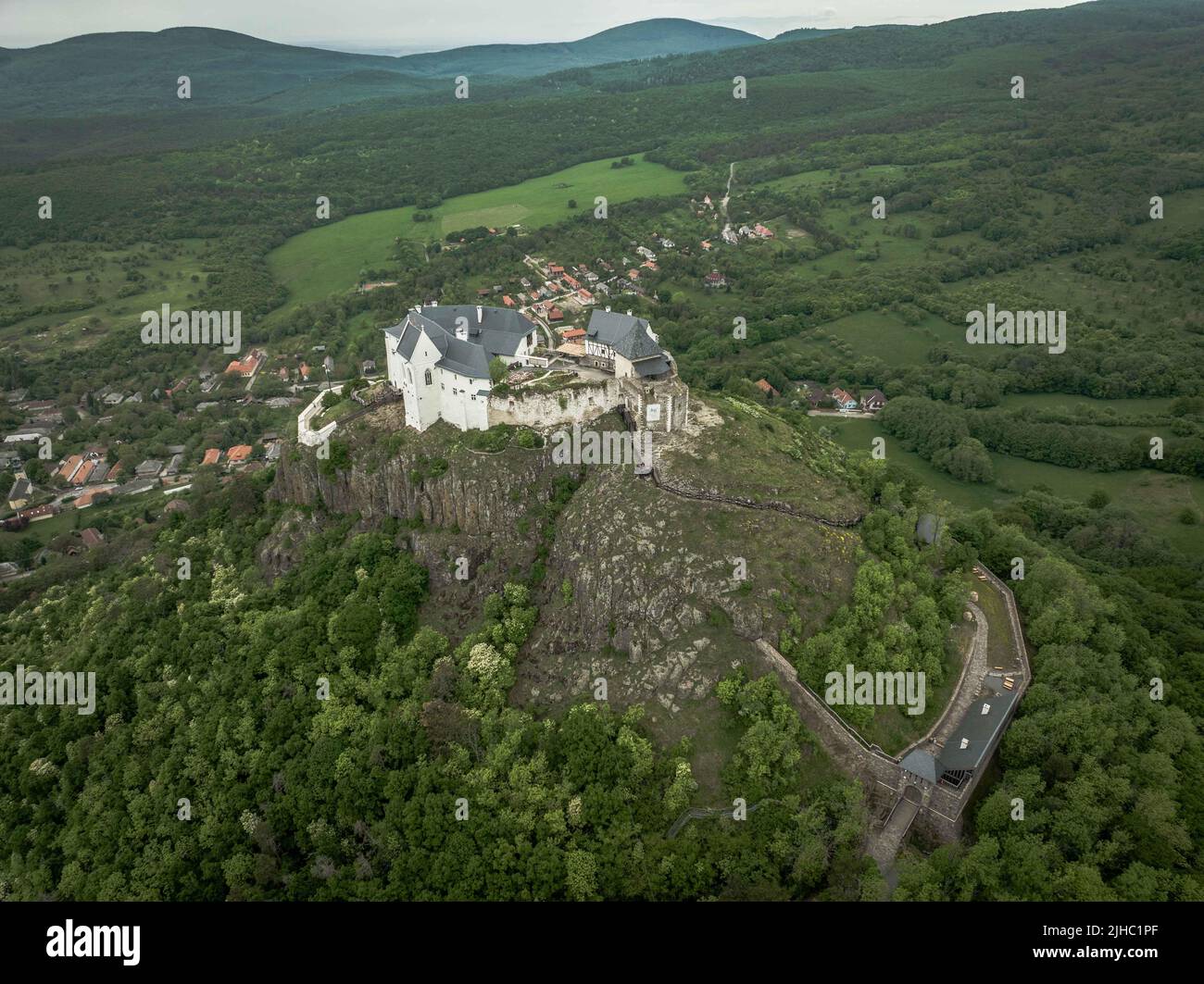Aerial View Of A Medieval Castle On A Hilltop In Fuzer, Hungary Stock ...