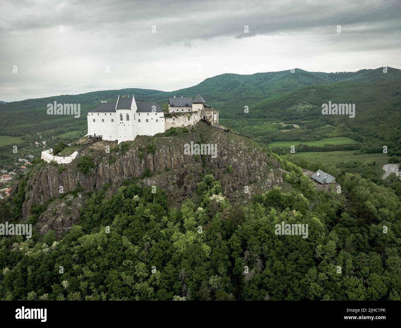 Aerial View Of A Medieval Castle On A Hilltop In Fuzer, Hungary Stock ...