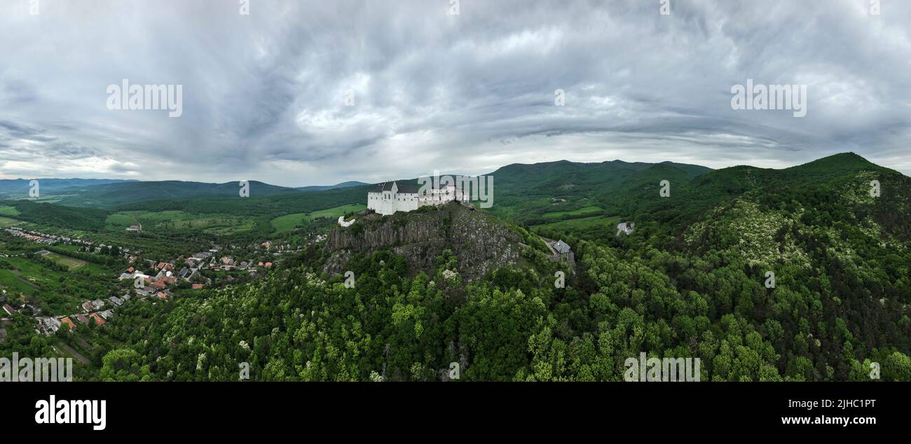 Aerial View Of A Medieval Castle On A Hilltop In Fuzer, Hungary Stock ...