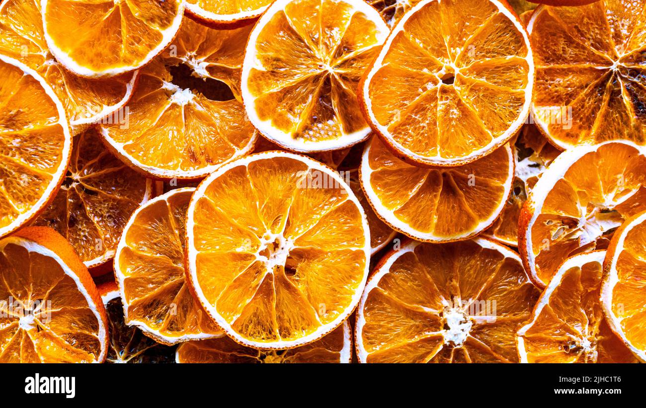 Dried orange. Dried orange slices background. High angle view. Top view ...