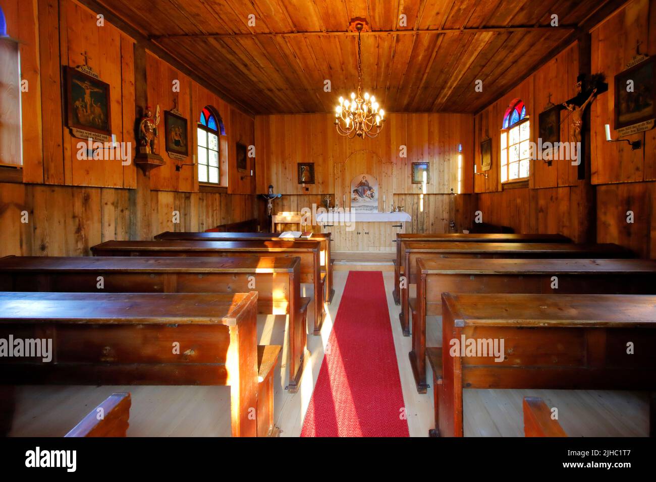 The interior of an small wooden chapel in Waldviertel, Lower Austria ...