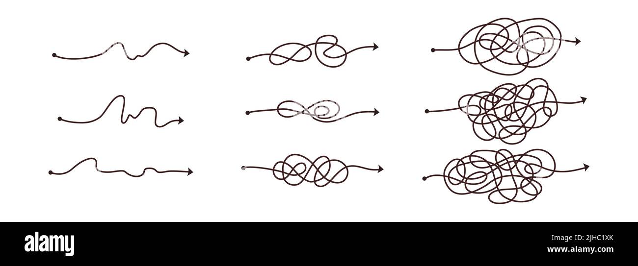Simple line and complex easy way. Scribble doodle chaos mindset. Problem solving, difficult line ...