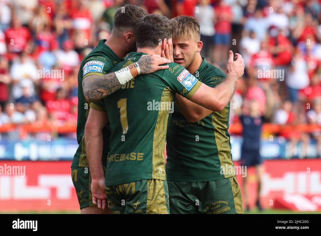 Lachlan Coote #1 of Hull KR is congratulated by Mikey Lewis #20 of Hull ...
